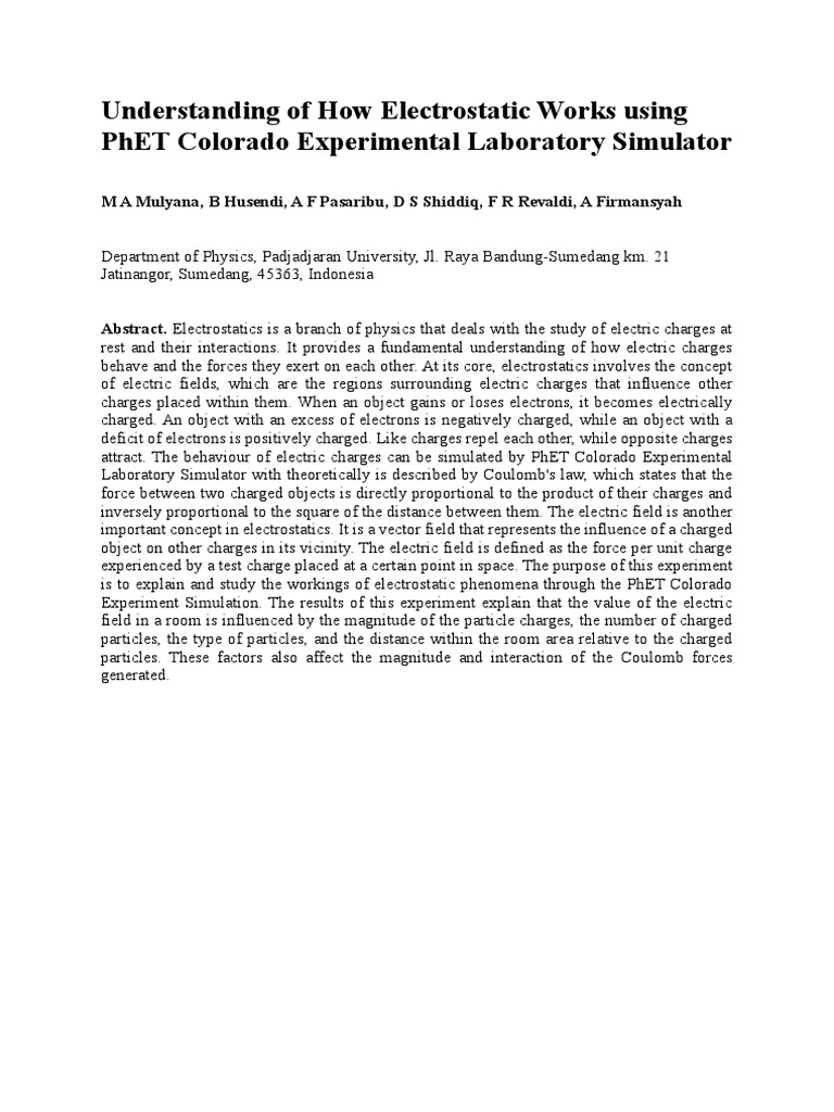Understanding of How Electrostatic Works Using PhET Colorado Experimental Laboratory Simulator ...
