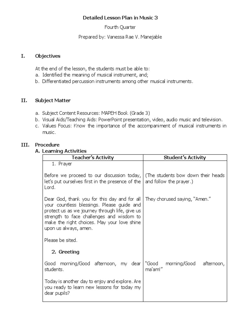Detailed Lesson Plan in Music 3 | PDF | Musical Instruments | Music ...