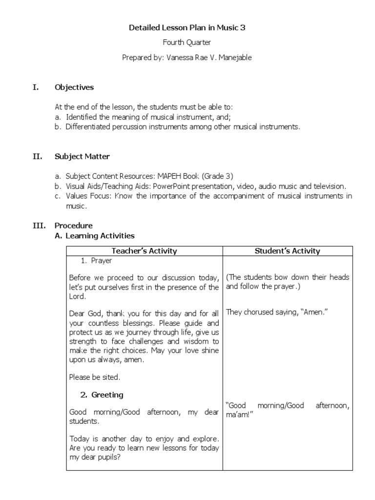 Detailed Lesson Plan in Music 3 | PDF