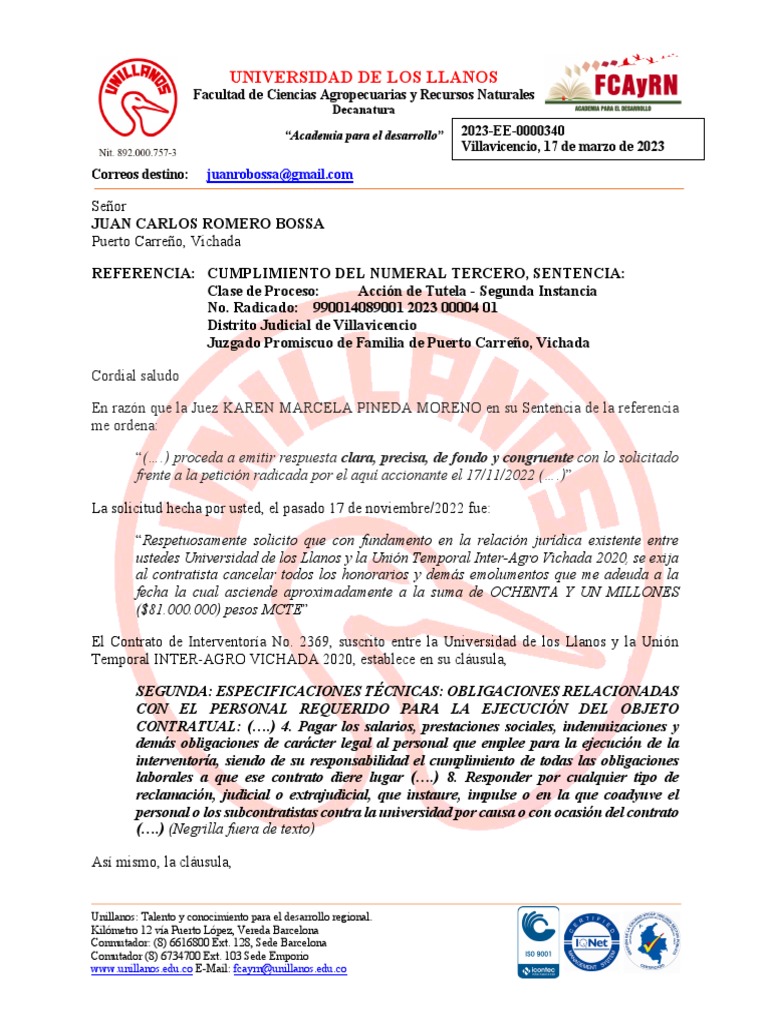 20230317FCAyRNExt EE 0000340 SentenciaTutela2 InstanciaJuanCarlosRomeroBossa | PDF