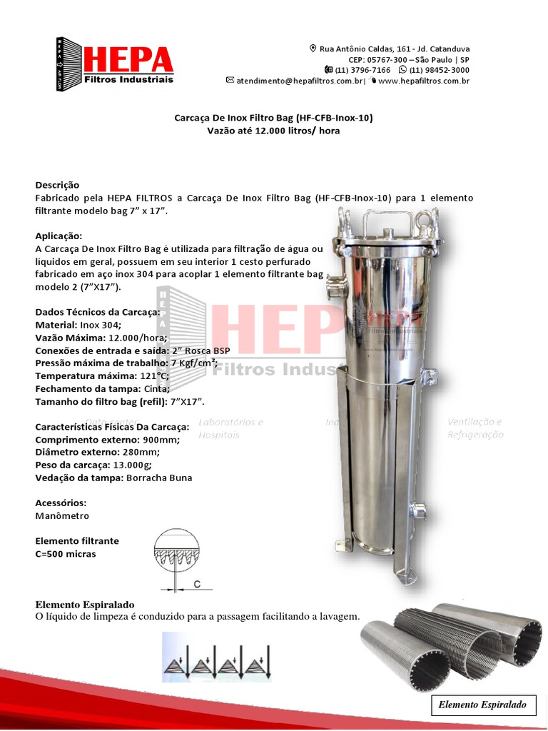 Carcaça de Inox Filtro Bag HF-CFB-Inox-10 | PDF