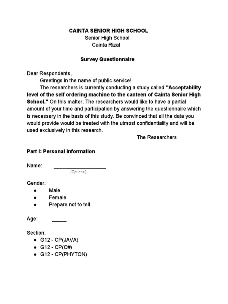 Survey Questionnaire of Acceptability Level of Self Ordering Machine ...