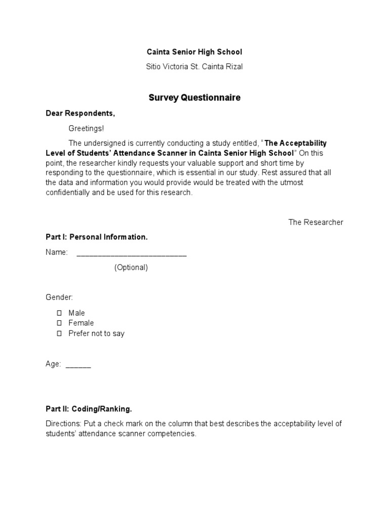 Survey Questionnaire - The Acceptability Level of Students Attendance ...
