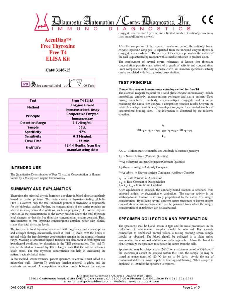 Accudiag™ Free Thyroxine Free T4 Elisa Kit: Test Principle | PDF ...