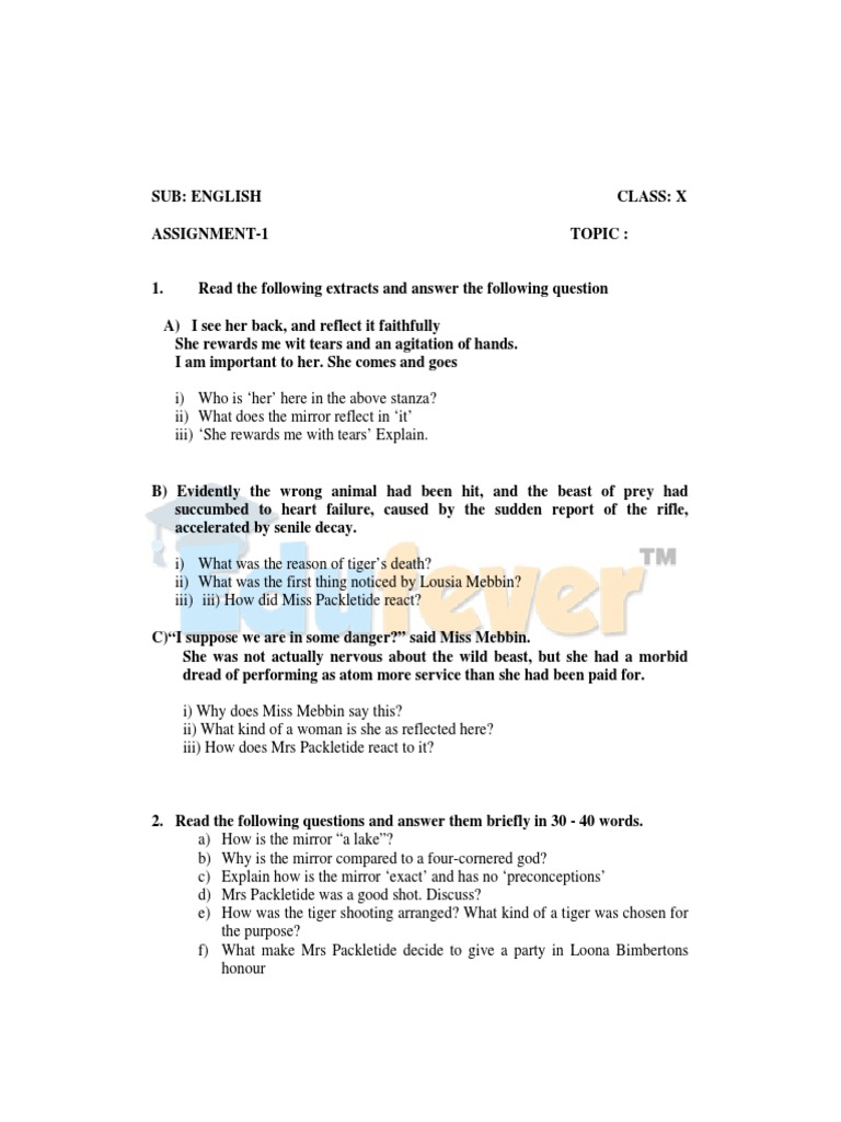 CBSE Class10 English Worksheet I | PDF