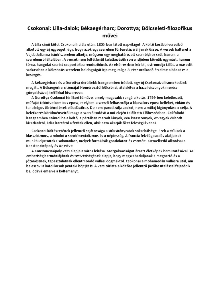 Csokonai Lilla-Dalok Békaegérharc Dorottya Bölcseleti Filozofikus Művei ...