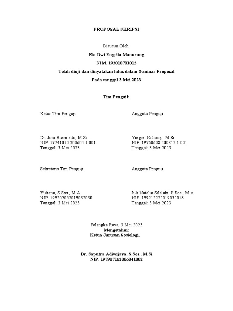 Lembar Pengesahan Proposal Skripsi - Ria Dwi | PDF