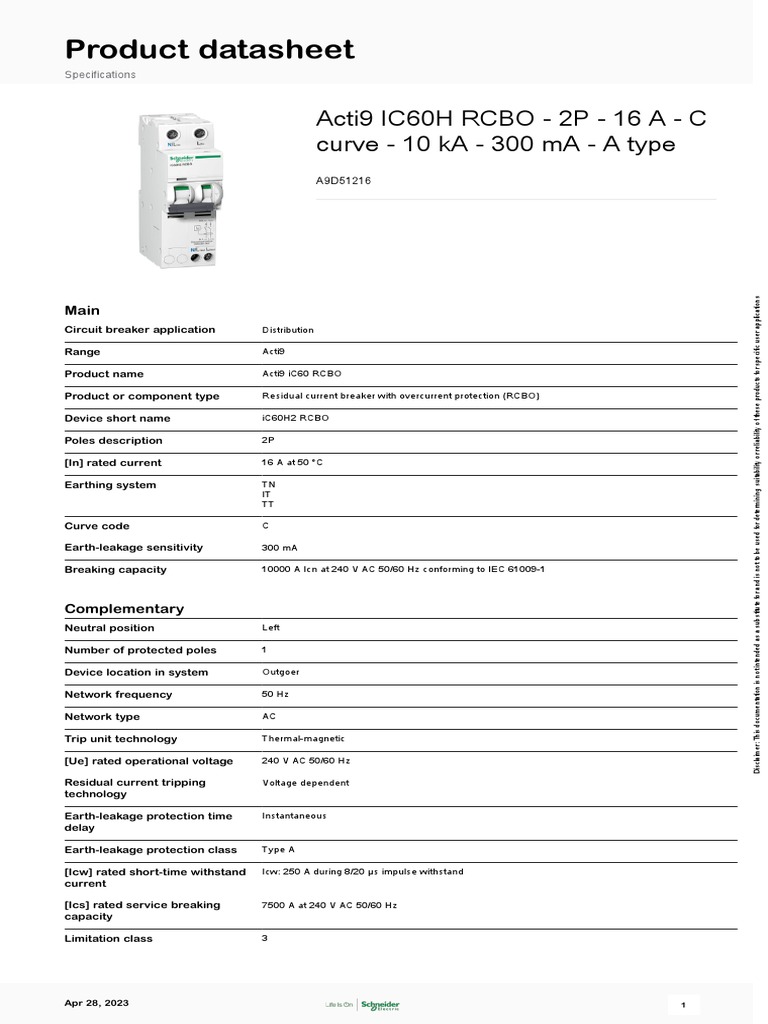 Acti 9 Ic60 RCBO - A9D51216 | PDF