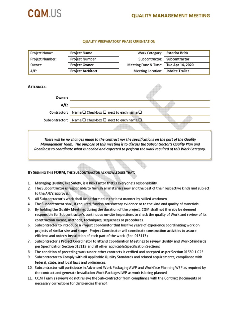 Quality Management Meeting Agenda | PDF | Masonry | Architectural Design