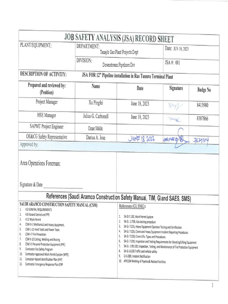 MIP17-HSE-JSA-RTT - 001 JSA For 12" Pipeline Installation in Ras Tanura ...