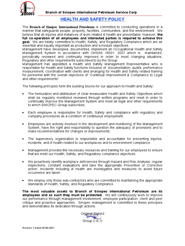 004-HSI-004-03 Ocupational Health and Safety Policies | PDF