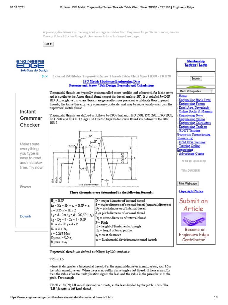 External ISO Metric Trapezoidal Screw Threads Table Chart Sizes TR320 - TR1120 - Engineers Edge ...