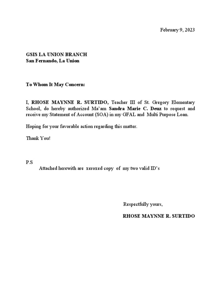 GSIS Authorization Letter for SOA Request | PDF | Social Science