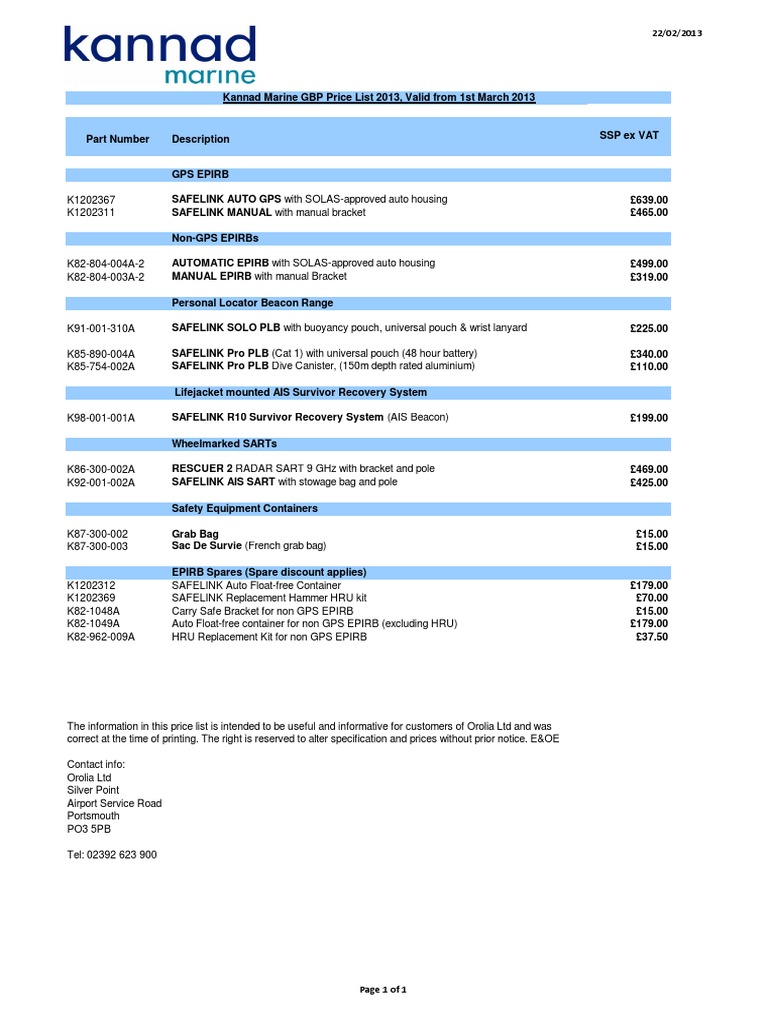 Kannad Marine GBP Price List 2013 | PDF | Safety | Wireless