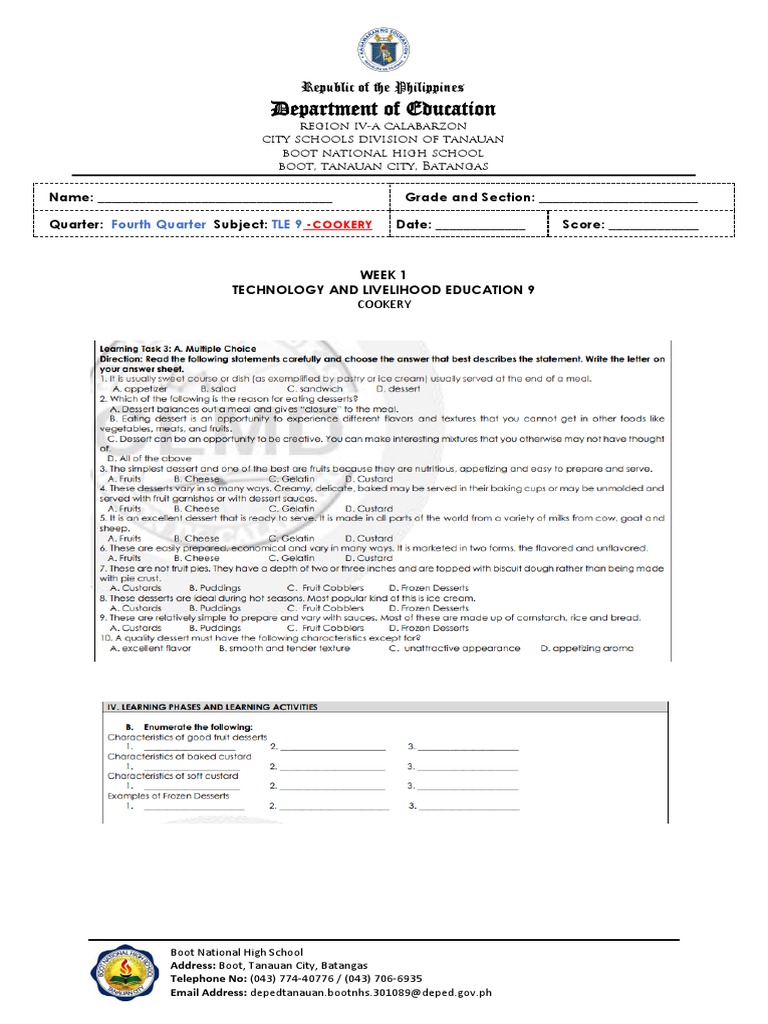 TLE 10 COOKERY 4th Quarter WEEK1-8 | PDF