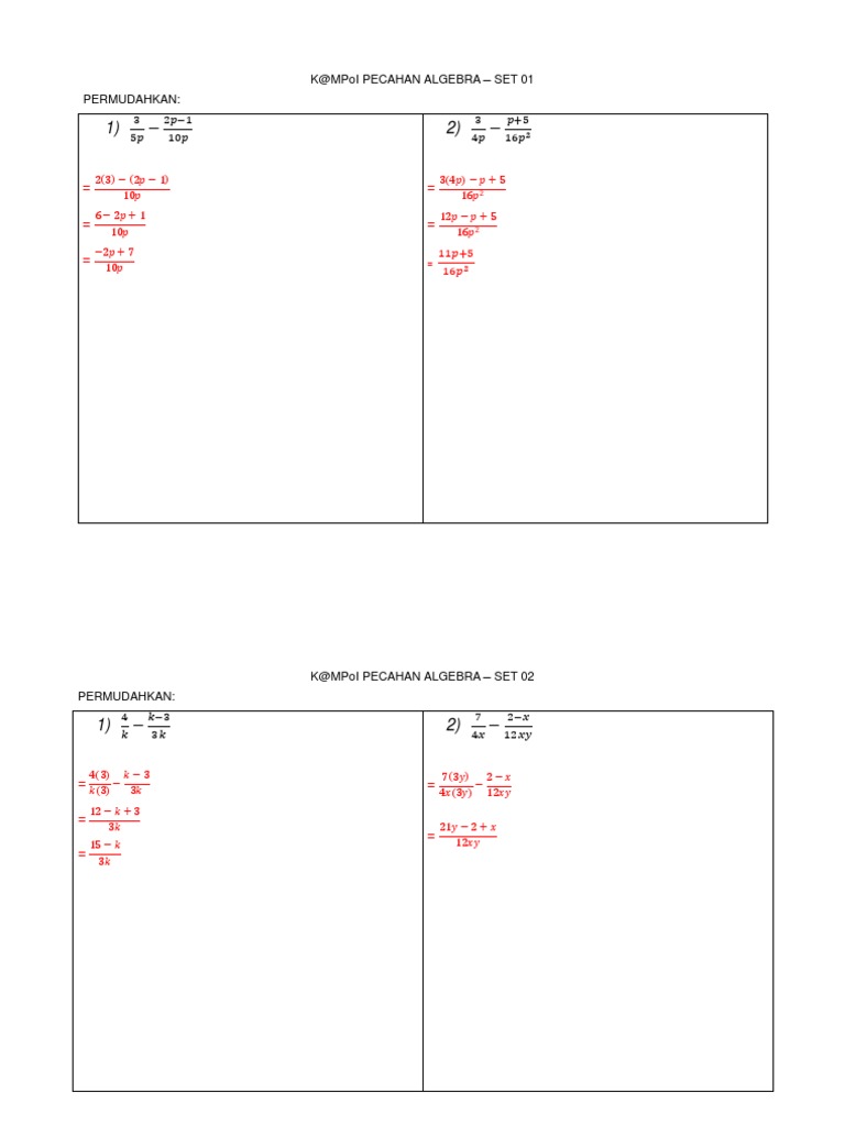 11 K@MPoI ALGEBRA PECAHAN ALGEBRA JAWAPAN | PDF