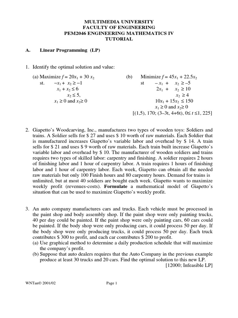 Tut 1 Rev | PDF | Linear Programming | Mathematical Optimization