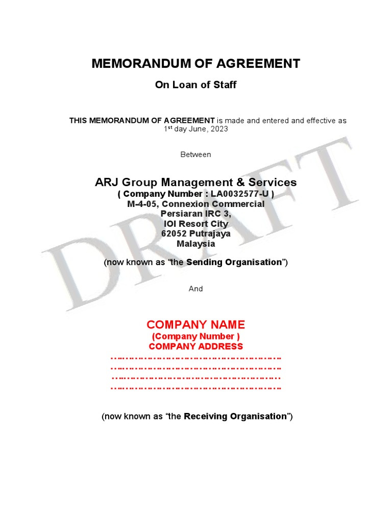 Ardalena - Memorandum of Agreement Draft | PDF | Working Time | Insurance