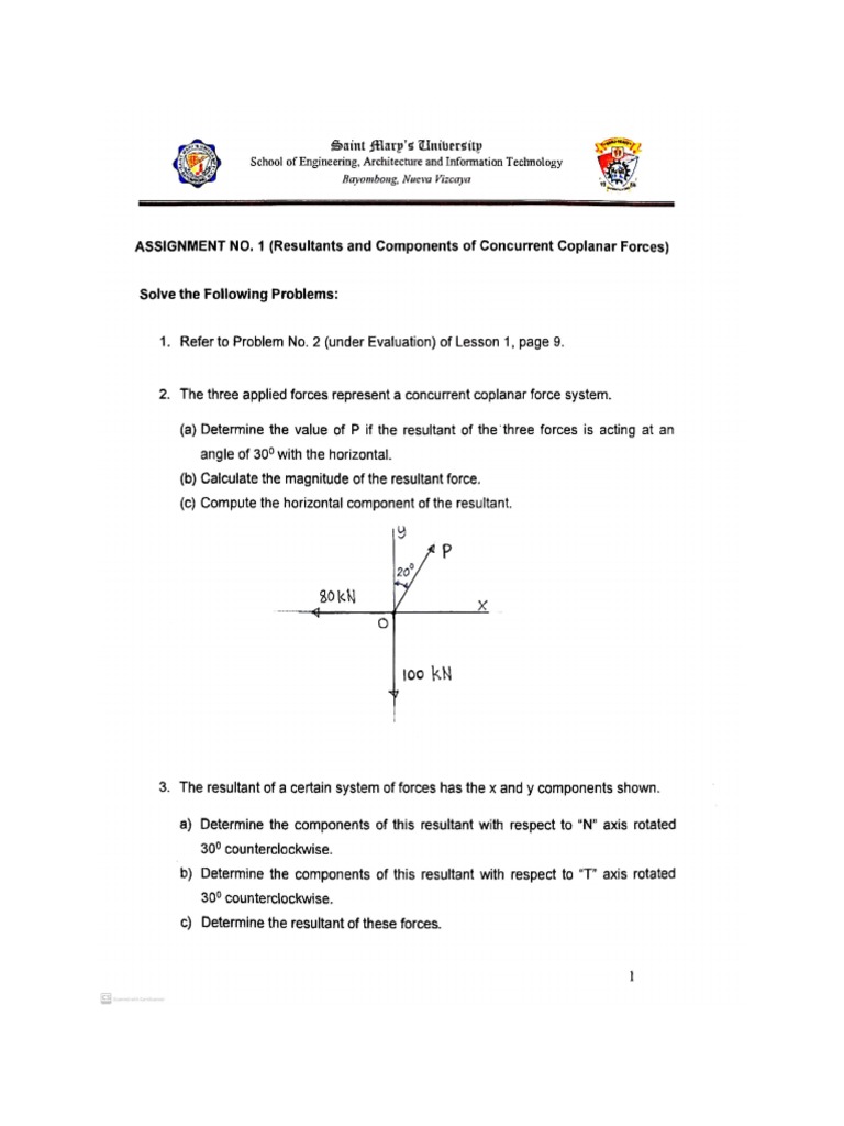 Assignment No. 1 (Resultants and Components of Concurrent Coplanar ...