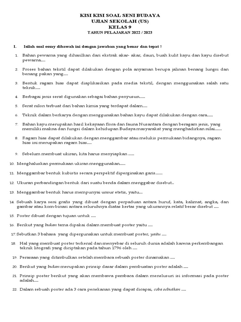 Kisi Kisi Us SBK Kelas 9 | PDF | Griya & Taman | Seni
