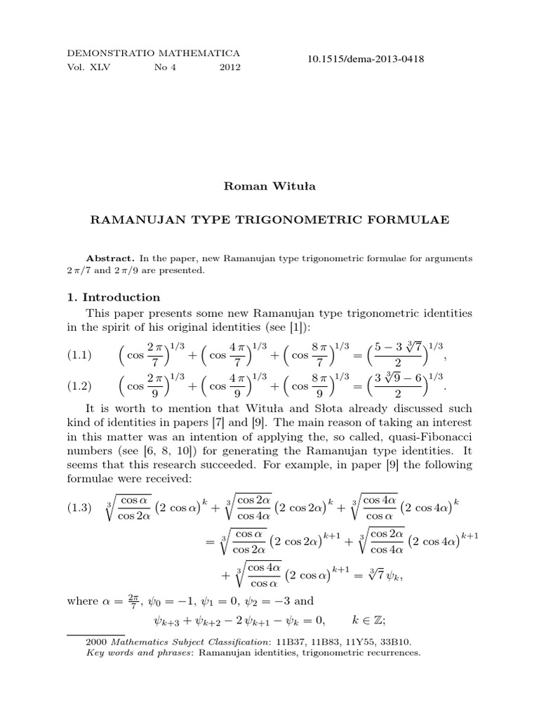 Ramanujan Type Trigonometric Formulae | PDF | Polynomial | Square Root