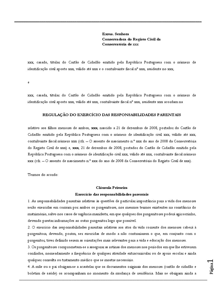 Requerimento De Divórcio Regulação Resp Parentais Pdf Portugal