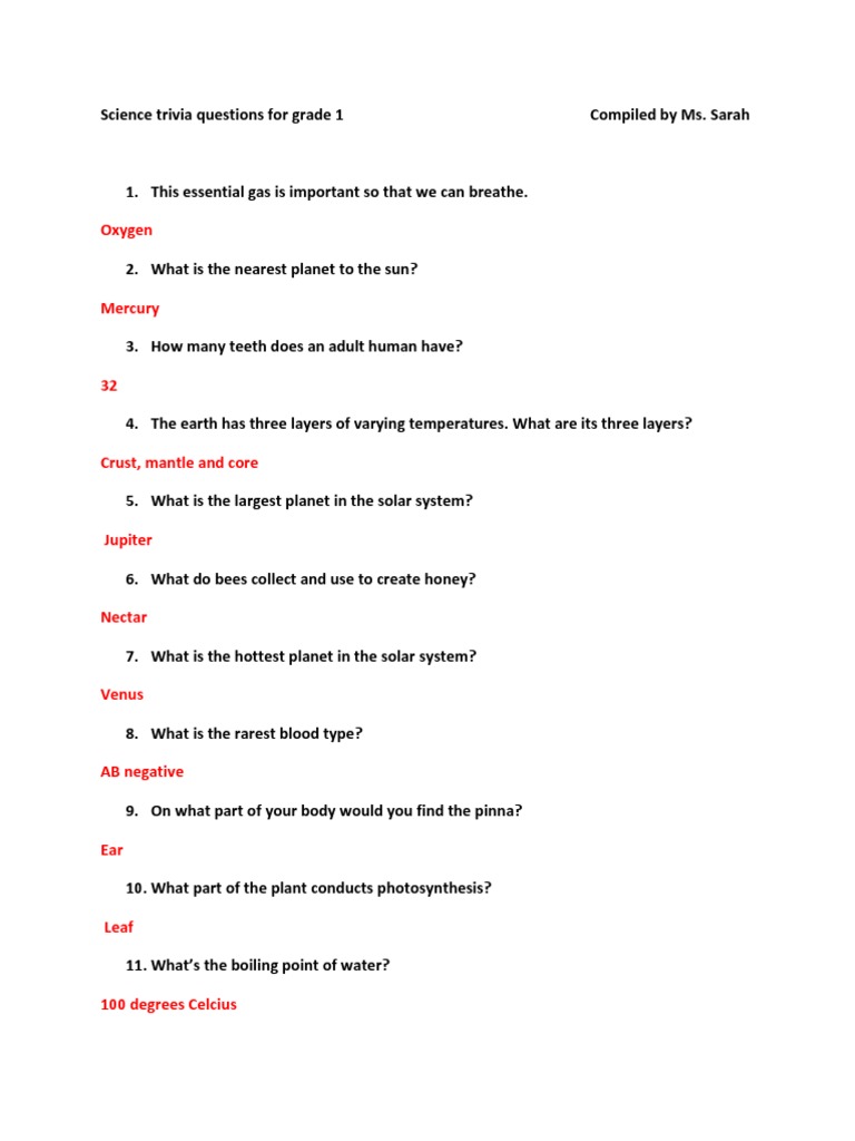 Science Trivia Questions for Grade 1 Compiled by Ms Sarah | PDF | Solar ...