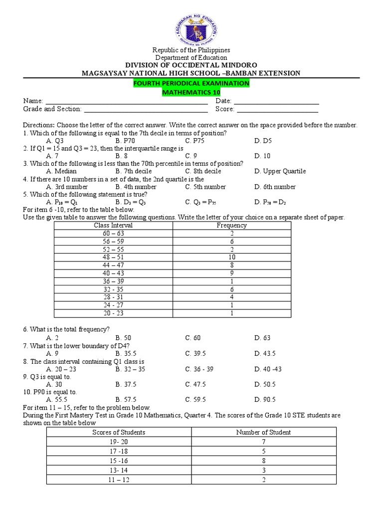 Art 4th Quarter Math | PDF | Percentile | Median