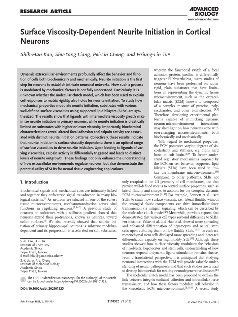 Advanced Biology - 2022 - Kao - Surface Viscosity Dependent Neurite Initiation in Cortical ...