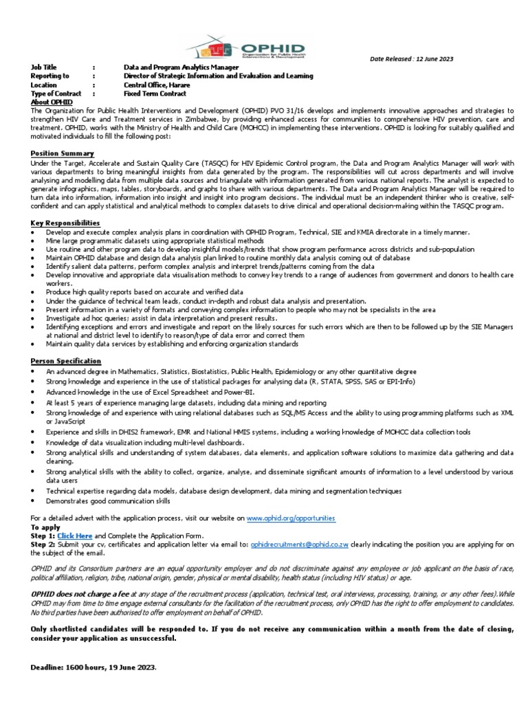 Job Advert - Data and Program Analytics Manager | PDF | Data | Analytics