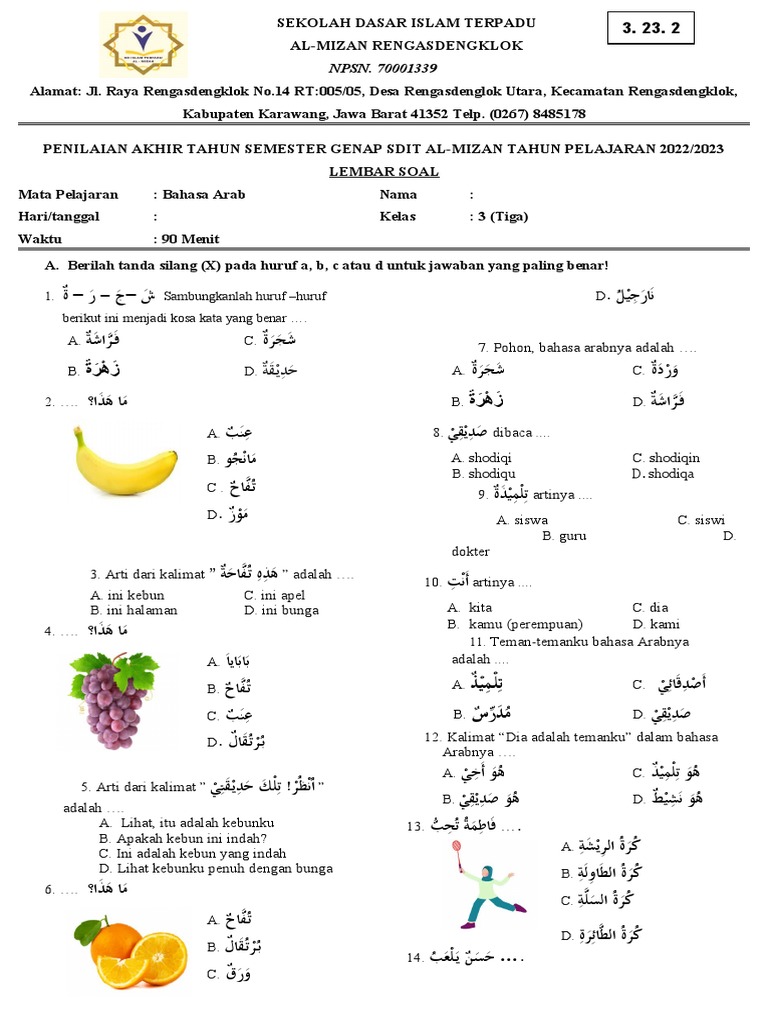 Soal PAT Bahasa Arab Kls 3 SMT 2 | PDF