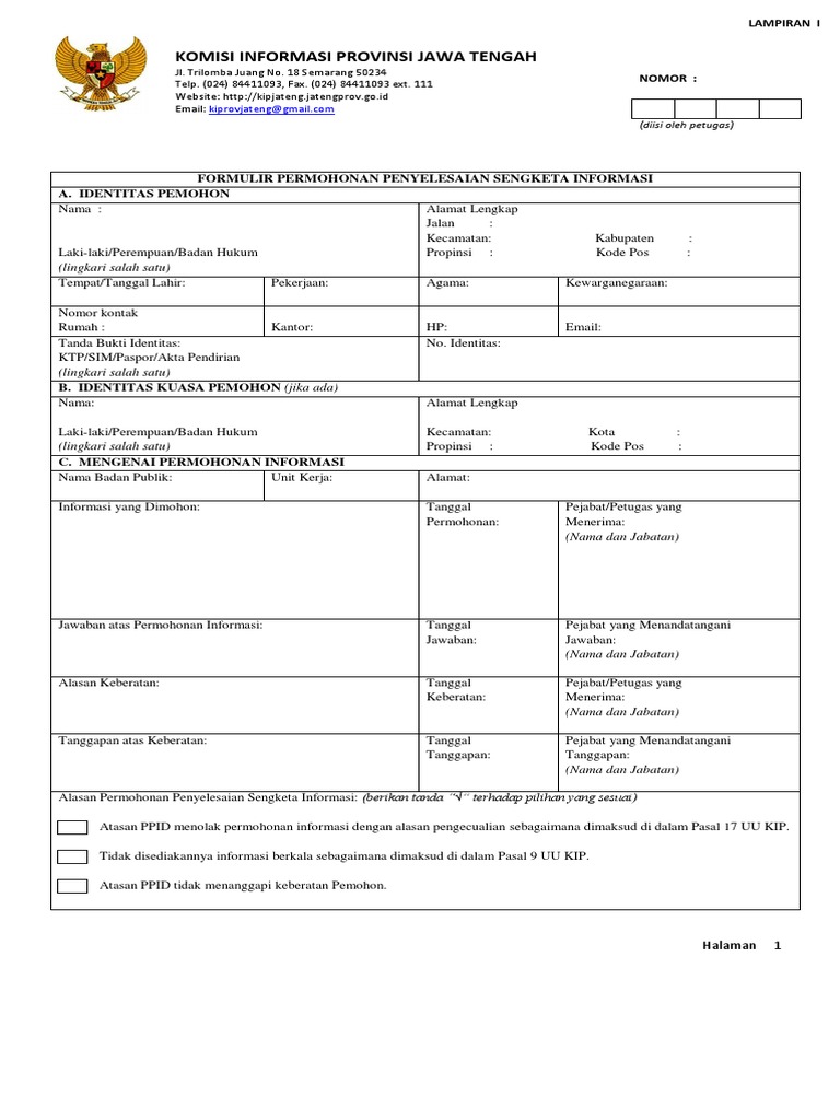 Format Formulir Permohonan Penyelesaian Sengketa Informasi | PDF Format Formulir Permohonan Penyelesaian Sengketa Informasi | PDF