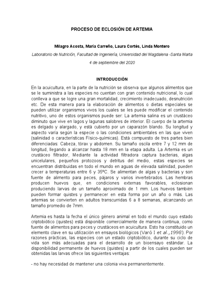 Ciclo de vida y eclosión de Artemia | PDF | Nutrición | Dieta y nutrición