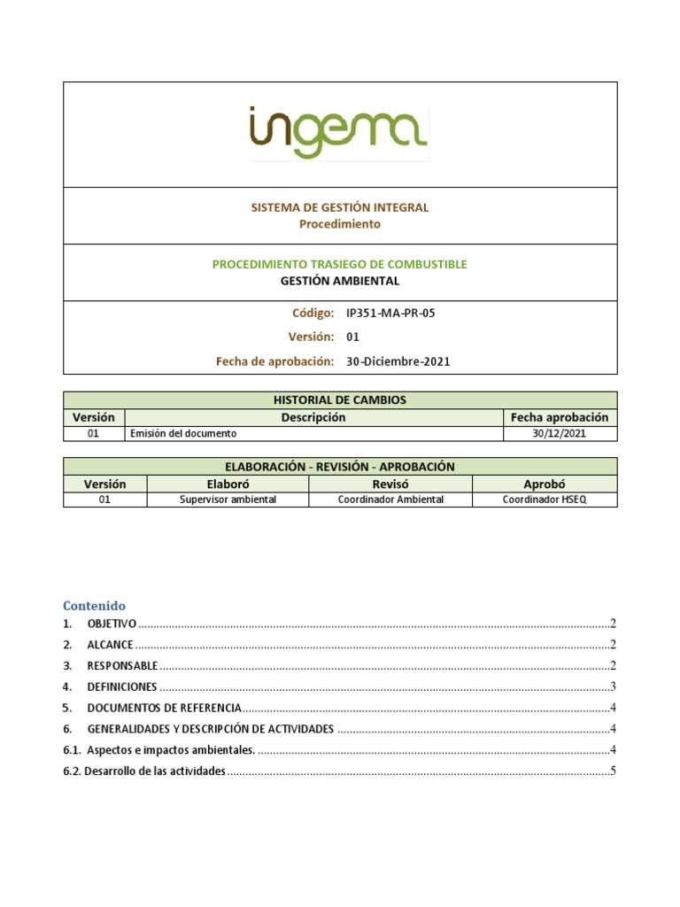 Procedimiento de Trasiego de Combustible | PDF | Contaminación | La ...
