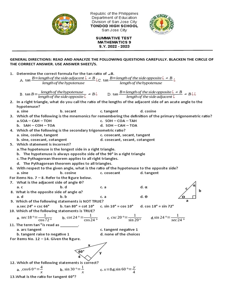 4th Quarter Examination 22-23 Math 9 | Download Free PDF | Trigonometric Functions | Triangle