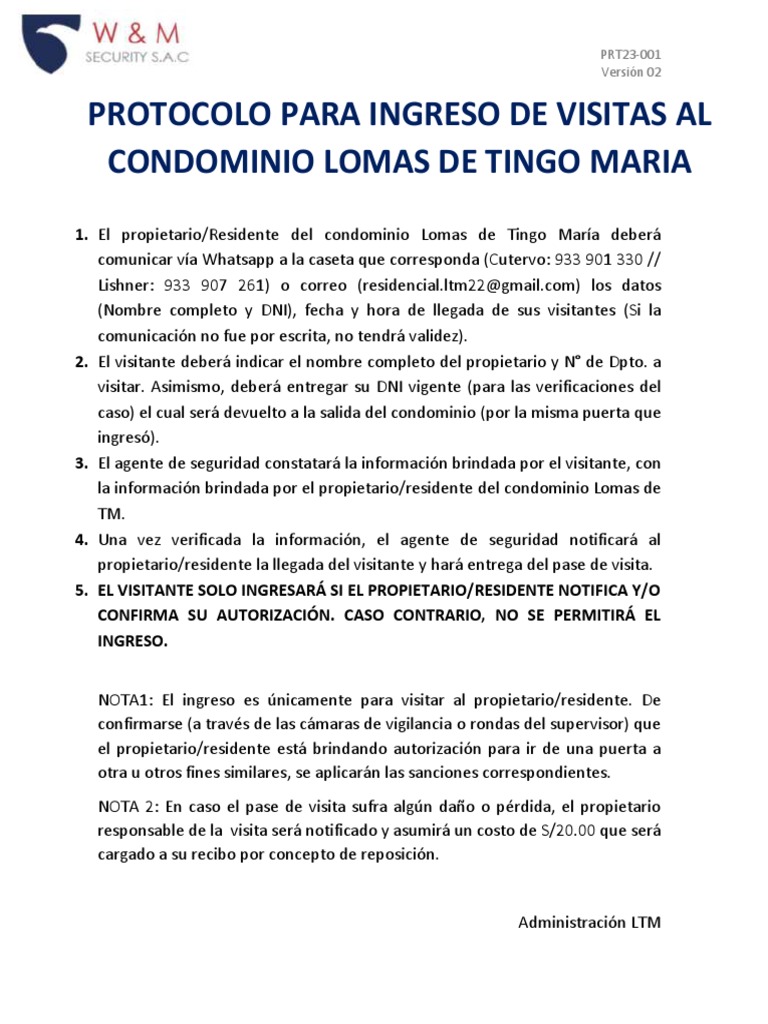 Protocolo para Ingreso de Visitas | PDF