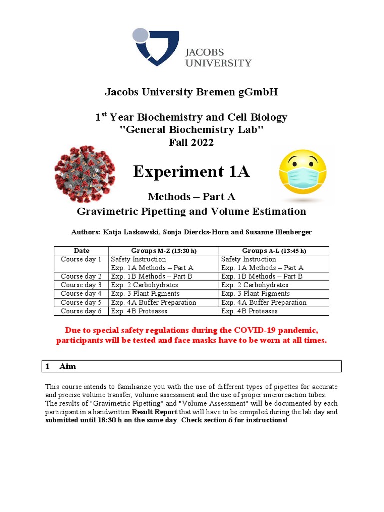 General Biochemistry Lab - Experiment 1 Methods - Part A - 2022 | PDF