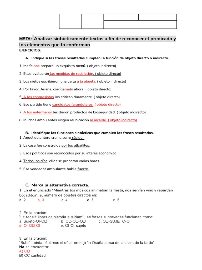 Ficha para El Estudiante - Predicado I | PDF | Predicado (Gramática) | Objeto (gramática)