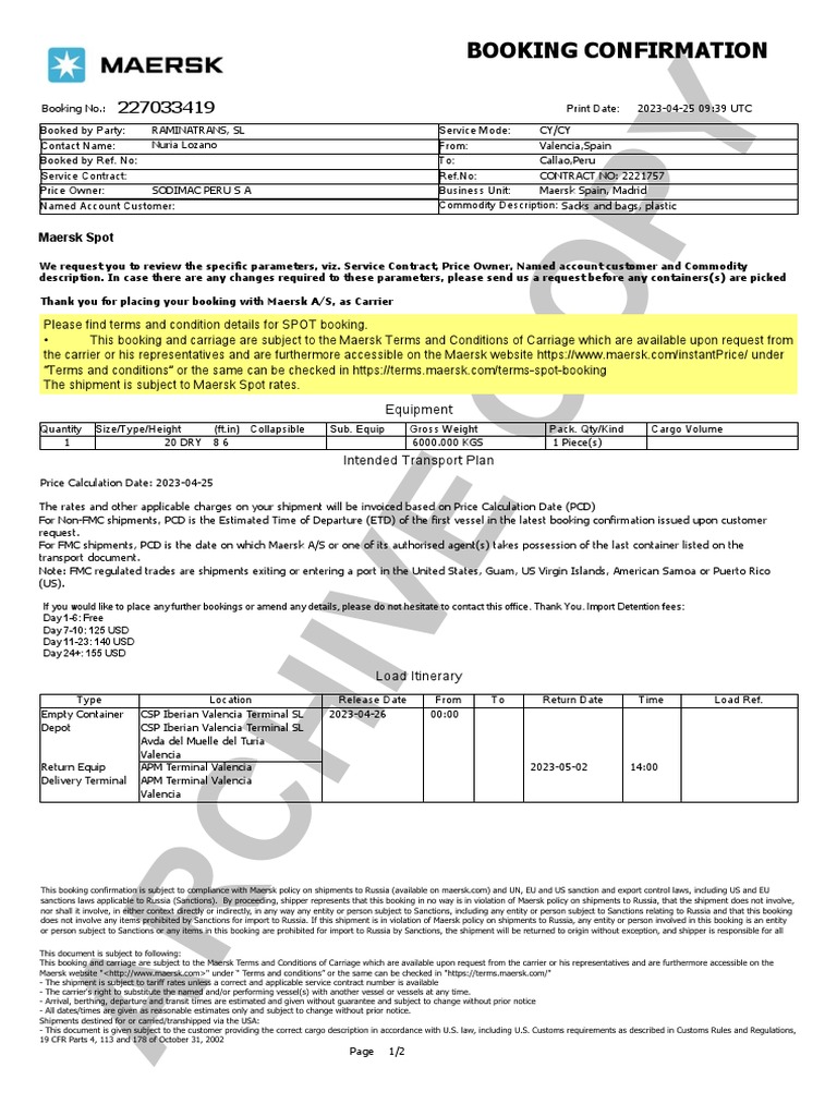 Maersk Booking Confirmation Details | PDF | Cargo | Common Carrier