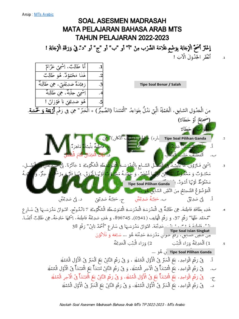 Soal Asesmen Madrasah Bahasa Arab MTs TP 2022-2023 - MTs Arabic | PDF