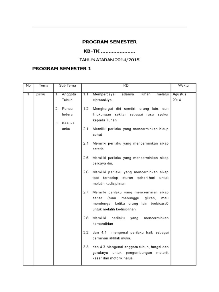 Contoh Program Semester Paud Kurikulum 2013 - New | PDF | Sains ...