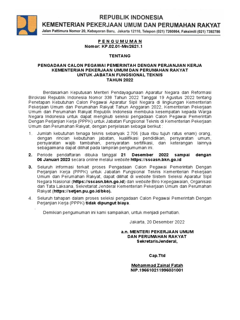 Pengumuman PPPK PUPR 2022 (Teknis) - Lengkap | PDF