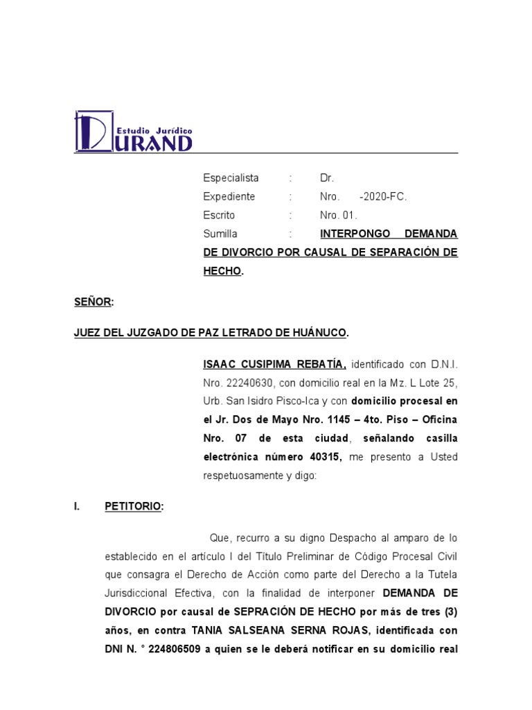 Modelo De Demanda De Divorcio Por Separacion De Cuerpos