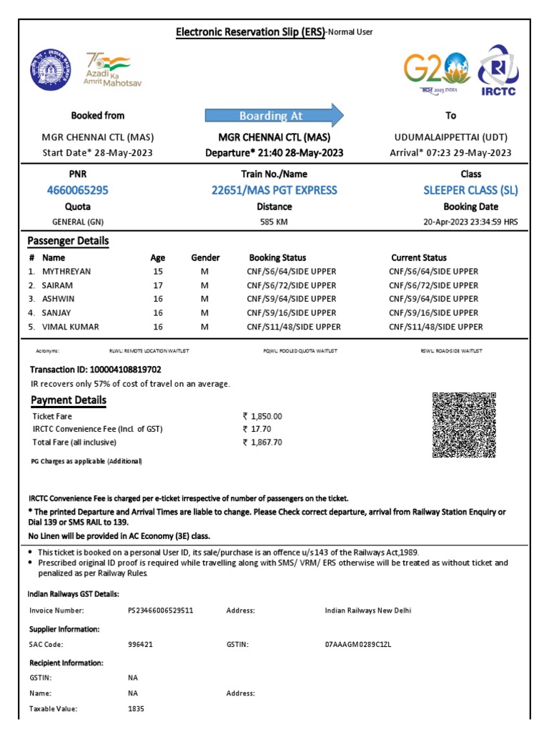22651/mas PGT Express Sleeper Class (SL) | PDF | Identity Document