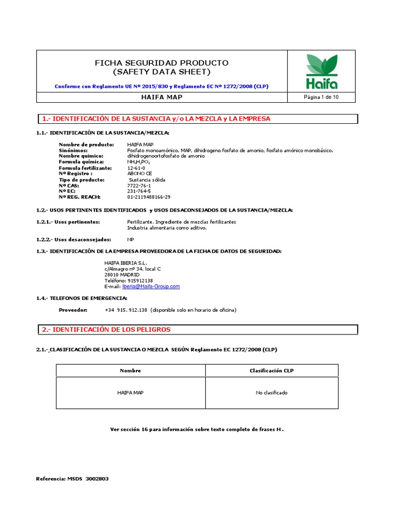 Ficha Seguridad Producto (Safety Data Sheet) : 1.-Identificación de La Sustancia Y/O La Mezcla Y ...