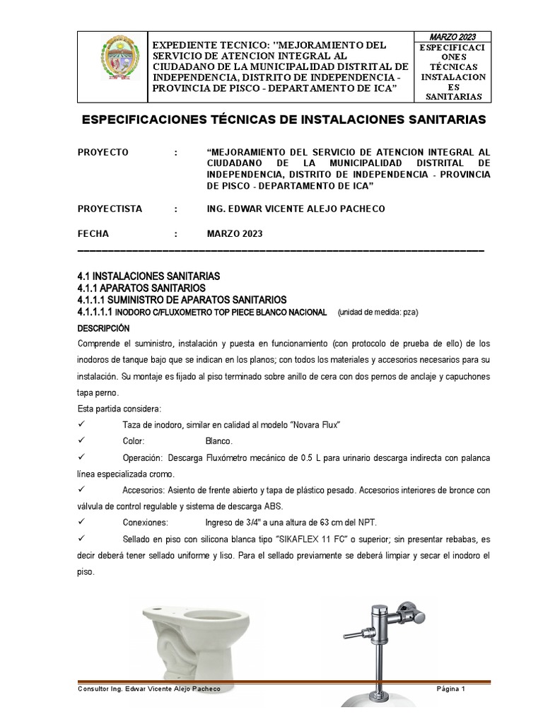 3.04 Especificaciones Técnicas Inst. Sanitarias Ok | PDF | Tap (Válvula) | Tubería (transporte ...