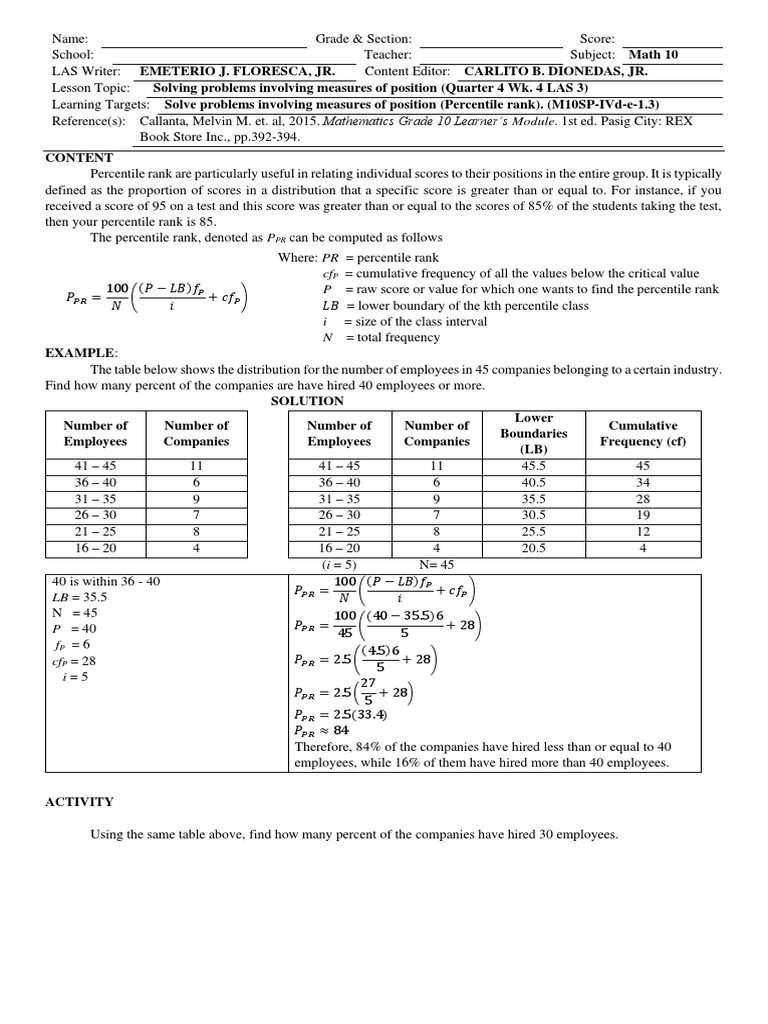 Math 10 Q4 WK4 Las3 | PDF | Percentile