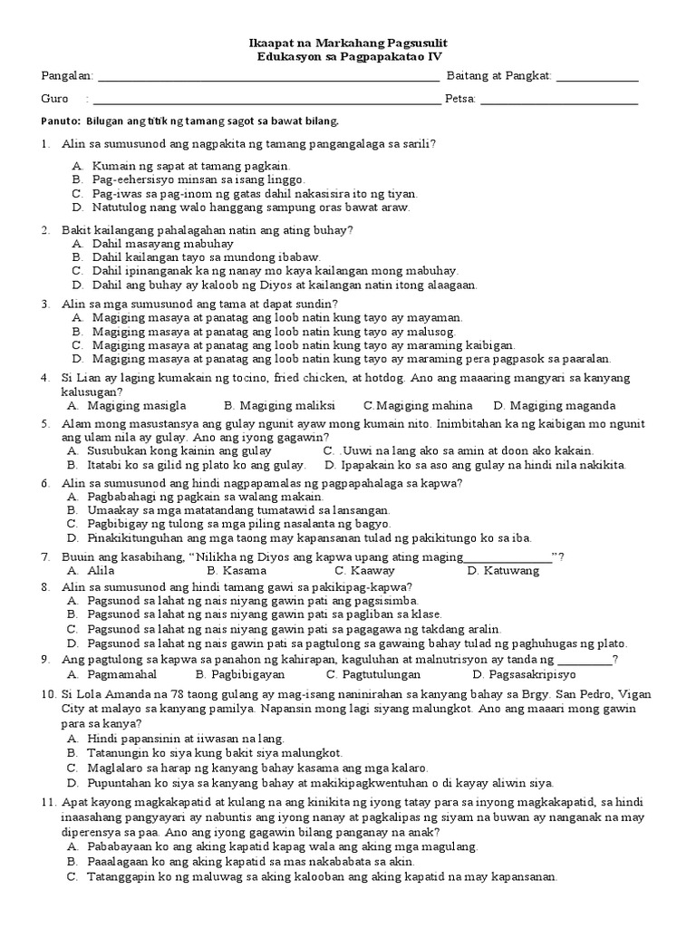 4th Quarter Periodical Test ALL SUBJECTS With TOS and Key Answers | PDF