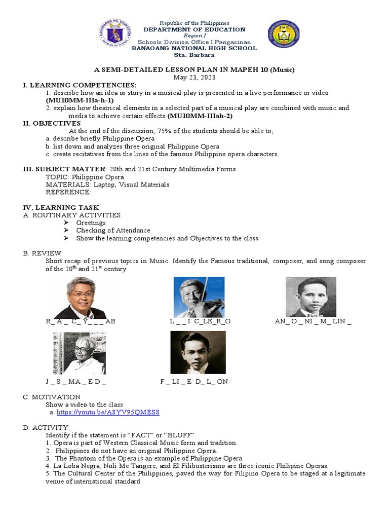 Lesson Plan: Philippine Opera for MAPEH 10 | PDF | Cognition