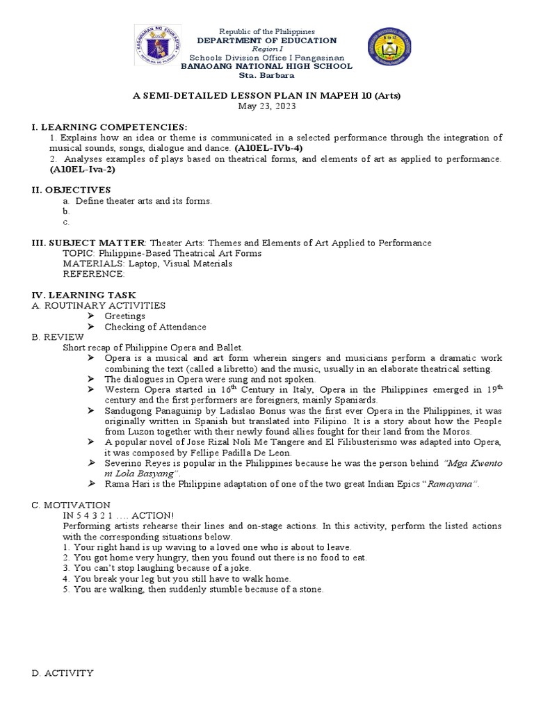 Cot Mapeh 10 Lesson Plan | PDF